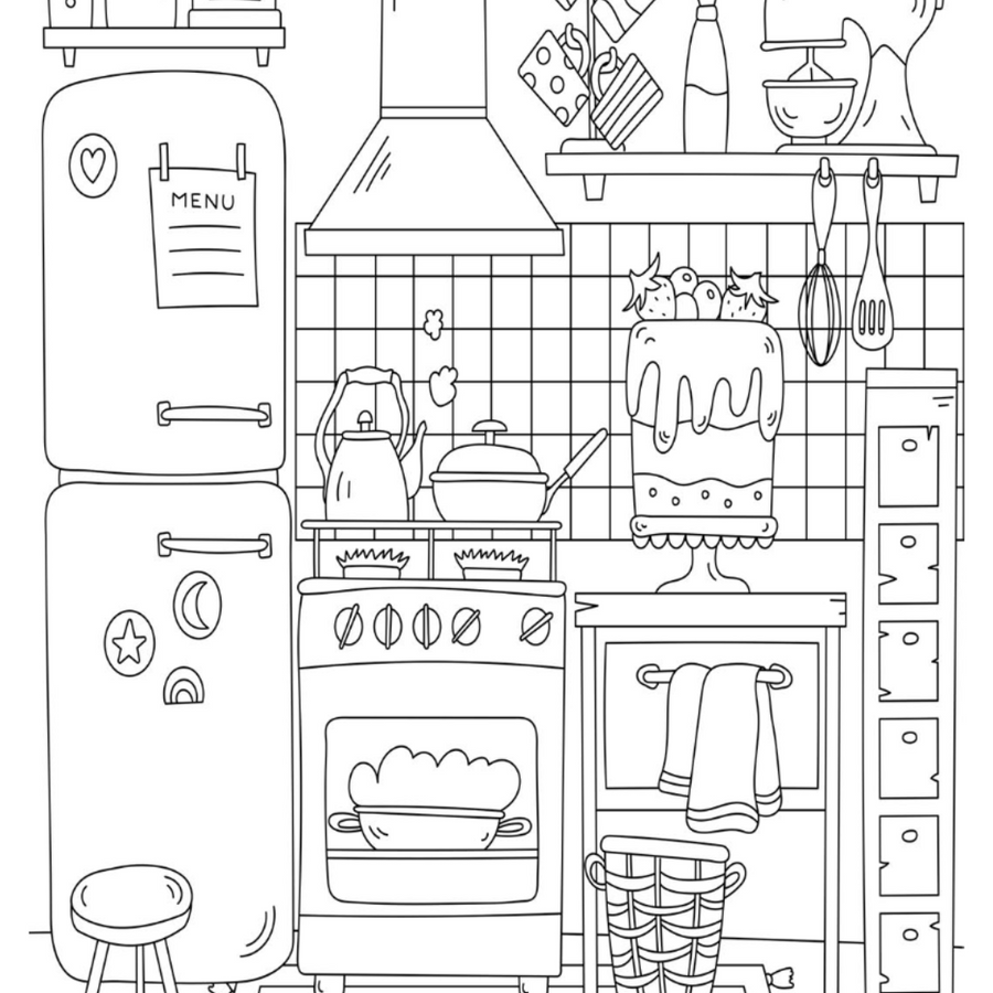 Cute kitchen Colouring Page – Castle Arts