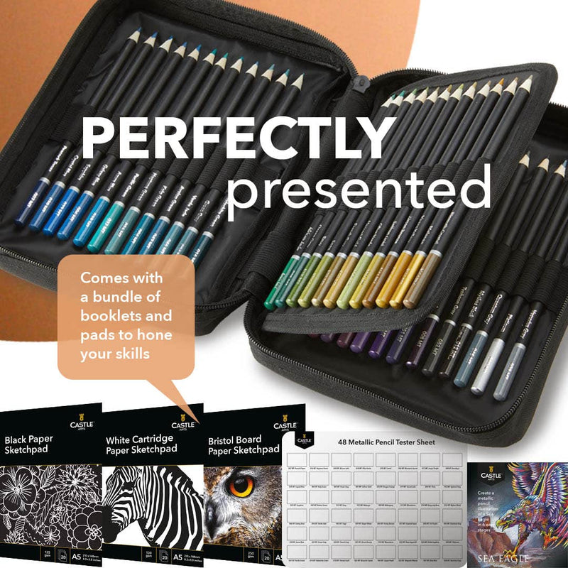 Castle Arts 50 Piece Metallic Coloured Pencil Set in Zip Up Case